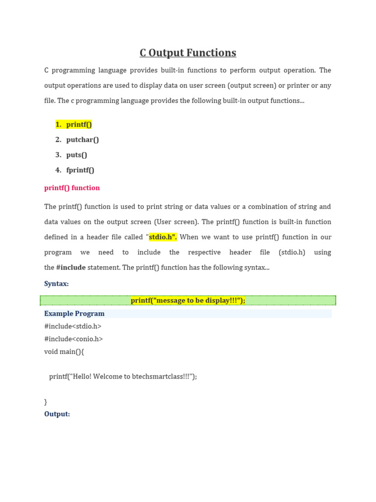 C Output Functions | Download Free PDF | Software | Computer Programming