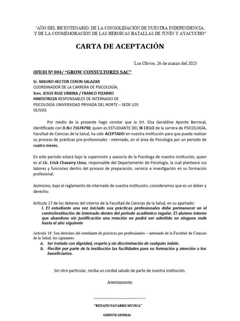 Carta de Aceptación Internado 2024-1 | PDF