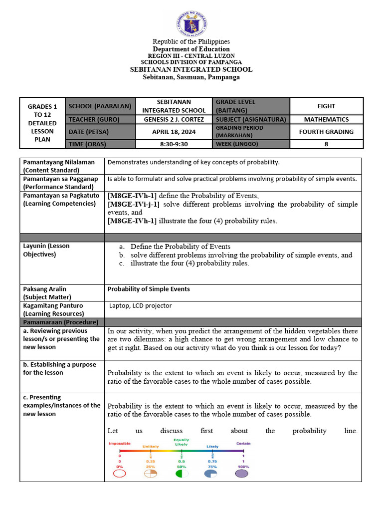 Grade 8 Mathematics Lesson Plan: Probability | PDF | Probability | Numbers