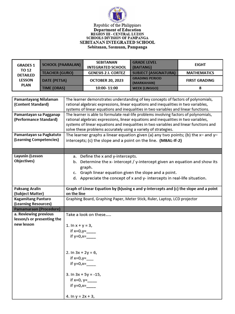 1st DLP-MATHEMATICS8-OCTOBER 20, 2023 | PDF | Equations | Variable (Mathematics)