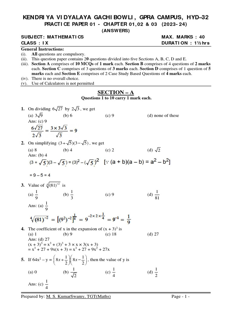Maths Class Ix Chapter 01 02 and 03 Practice Paper 01 Answers | PDF ...