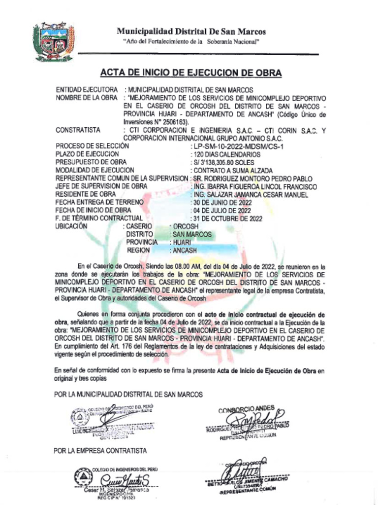 Acta de Inicio de Obra | PDF