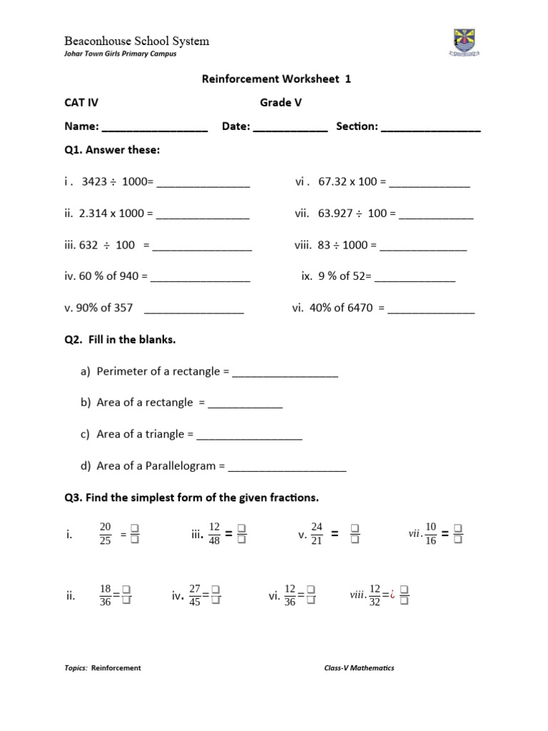 Grade V Math Reinforcement Worksheets | PDF | Area | Mathematics