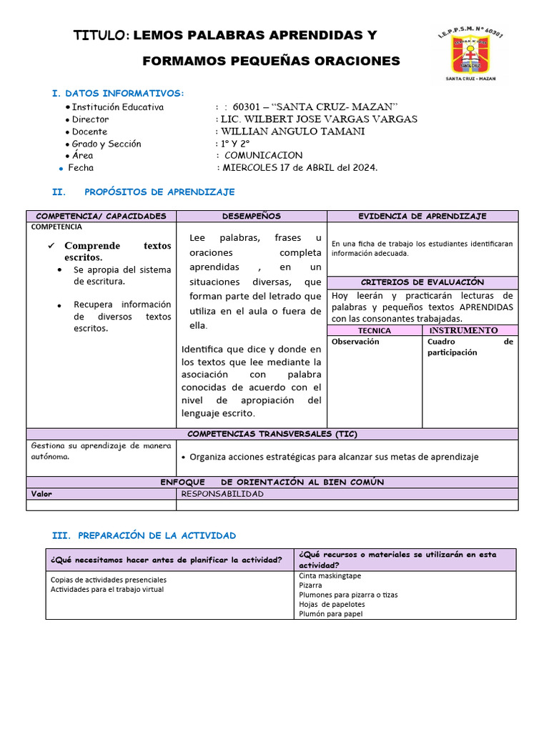 sesion de COM-leemos pequeñas palabras aprendidas y formamos oraciones ...