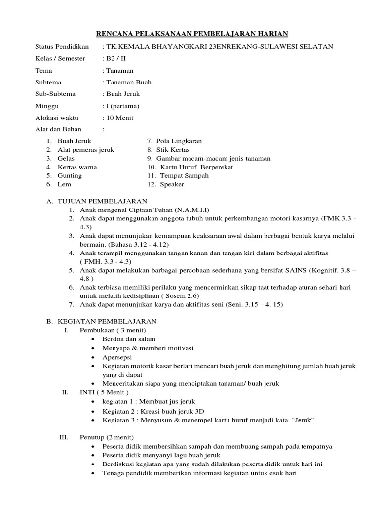 RPPH Tema Tanaman Buah Jeruk TK Bhayangkari 23 | PDF | Kesehatan Holistik