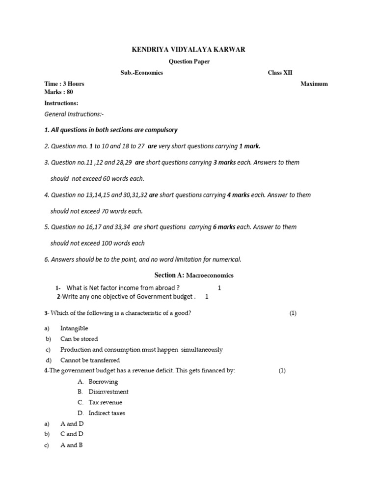 Economics Sample Question Paper Class XII | PDF | Consumption (Economics) | Government Budget ...