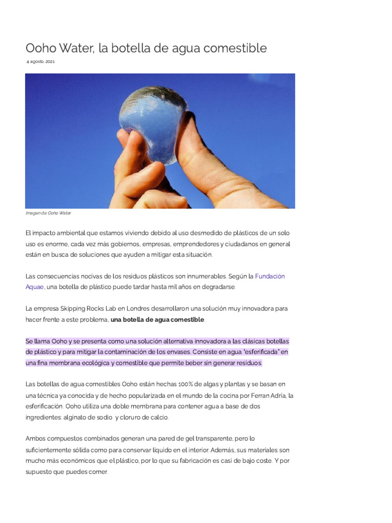 Ooho Water, La Boión Con Causa | PDF | El plastico | Agua