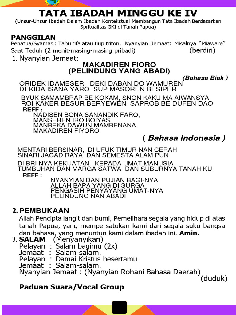 [JAM 09.00 WIT ] TATA IBADAH MINGGU KE IV [kontekstual] - MINGGU, 26 MEI 2024 - | PDF