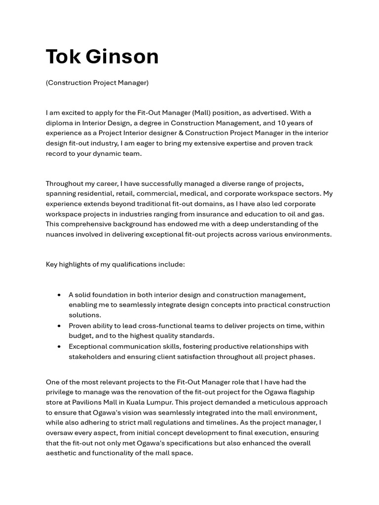 Tok Ginson - Cover Letter (Fit-Out Manager) | PDF | Business