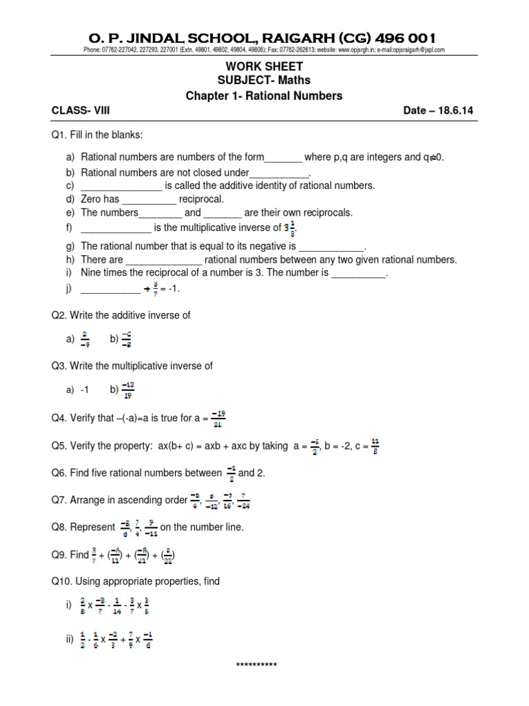 Class 8 Maths Worksheet: Rational Numbers | PDF