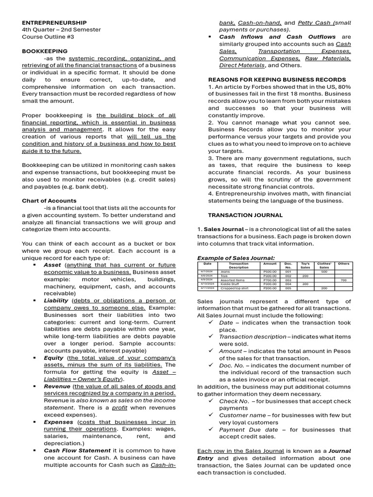 4thQ Entrep Course Outline 3 | PDF | Expense | Bookkeeping