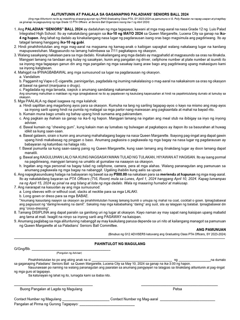 Seniors Ball Permit and Guidelines | PDF