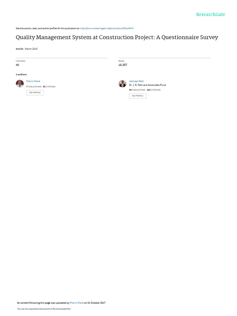 Quality Management Systemat Construction Project AQuestionnaire Survey ...