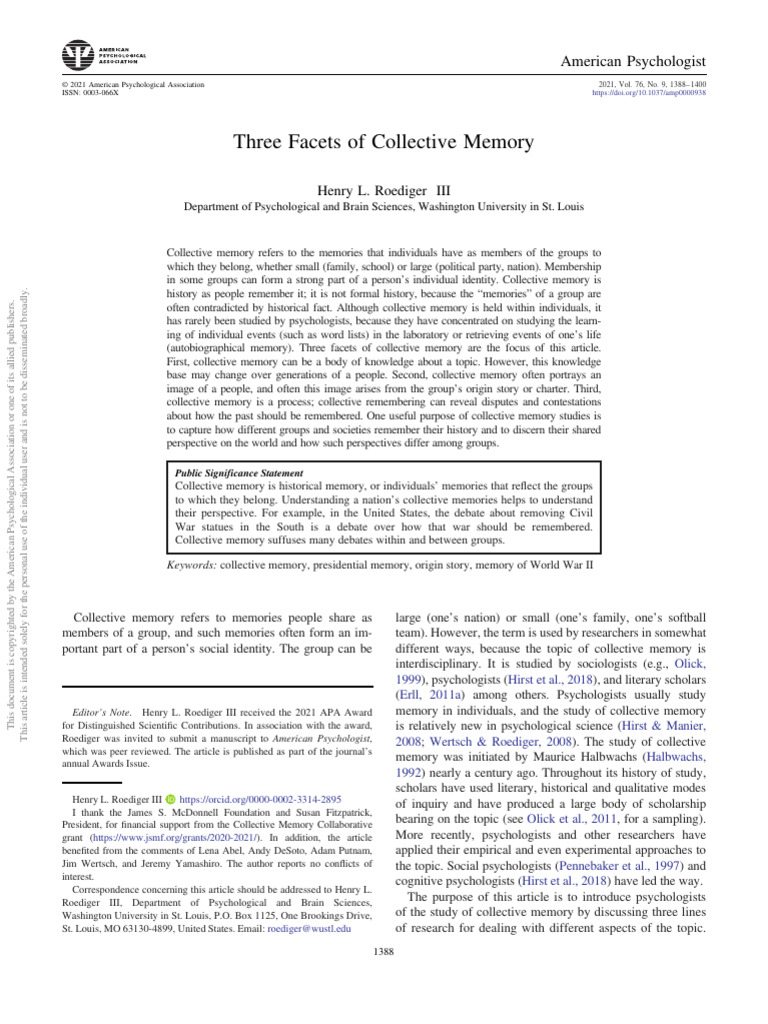 Roediger-2021-Three-Facets-of-Collective-Memory | Download Free PDF ...
