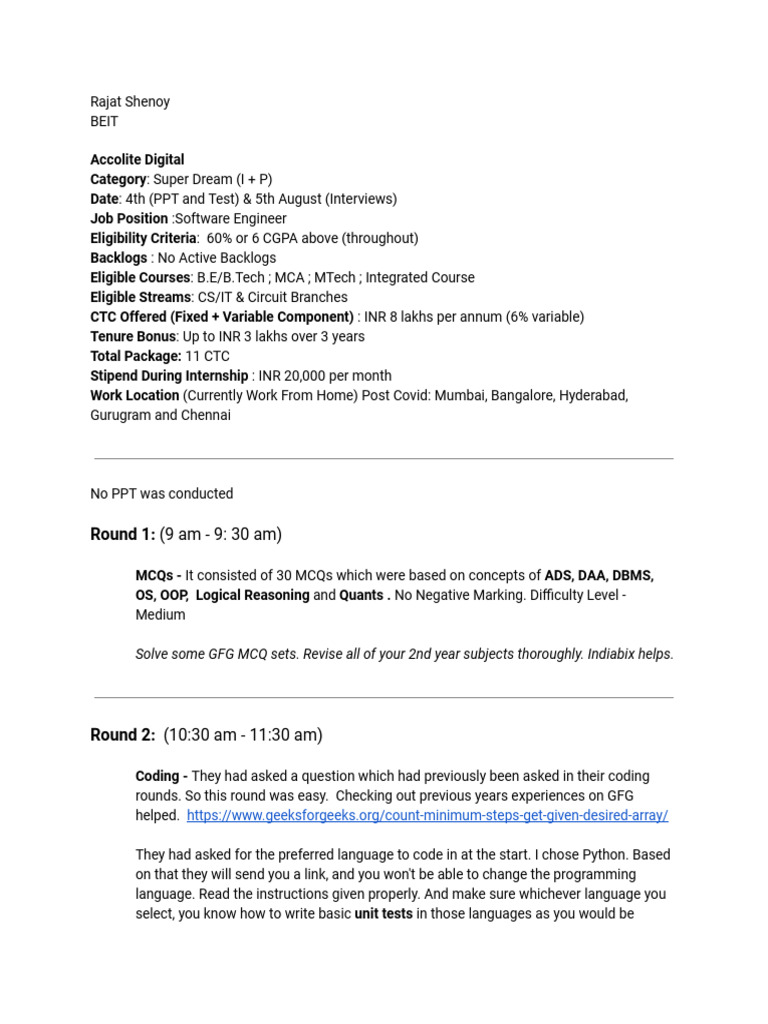 Accolite Digital Interview Process Insights | PDF | Java (Programming ...