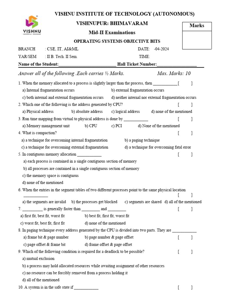 II II Sem OS Ojective Paper-Mid-2 Set1 and Set2 | PDF | Process (Computing) | File System
