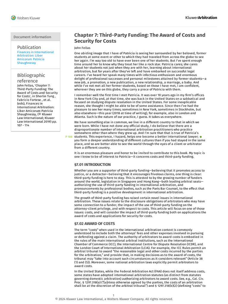 Chapter 7 - Third-Party Funding - The Award of Costs and Security For ...