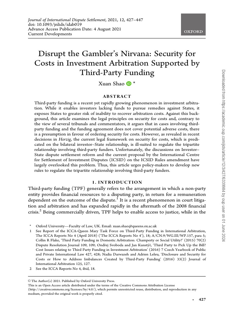 Security For Costs in Investment Arbitration Supported by Third-Party ...