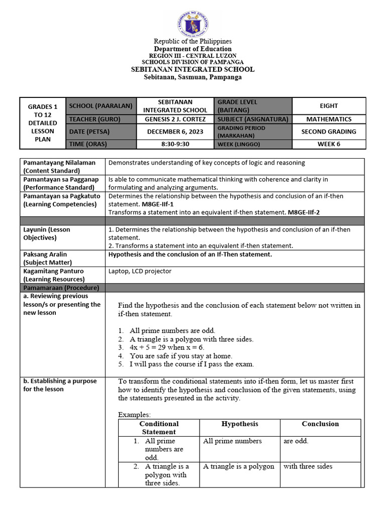 2nd DLP-MATHEMATICS8-DECEMBER 6, 2023 | PDF | Triangle | Learning