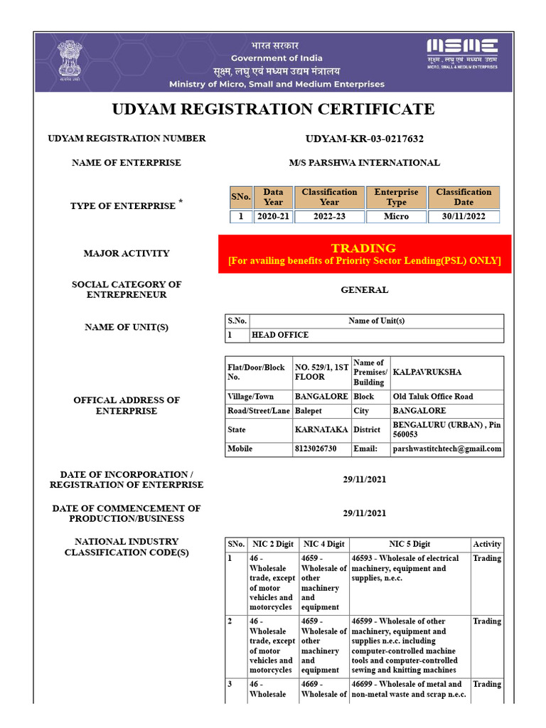 Udyam Registration Certificate | Download Free PDF | Bangalore