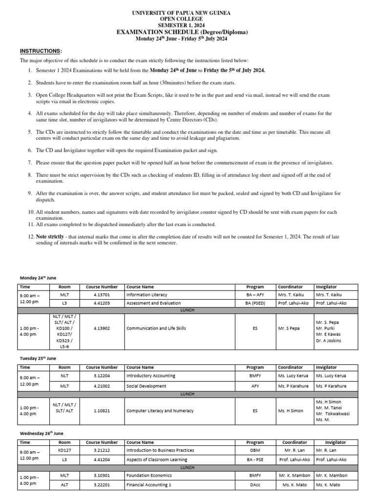 Upng Odl Semester 1 2024 Exam Schedule-1 | PDF