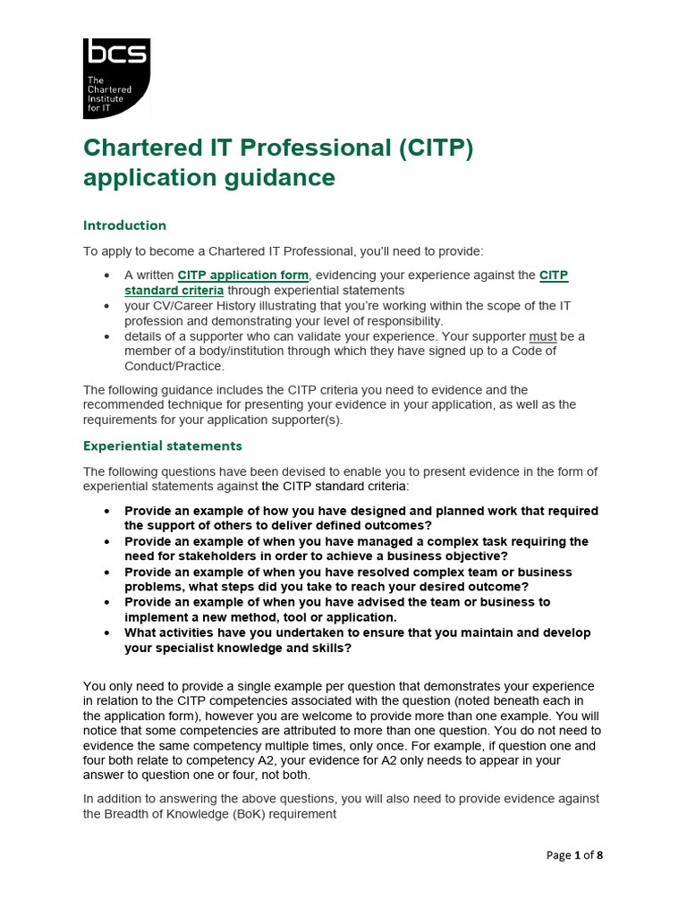 CITP Application Guidance and Requirements | PDF | Experience | Leadership