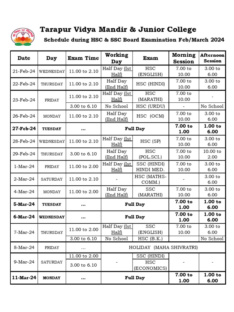 Half Day Schedule - HSC - SSC - Board Exams 2023-24 | PDF | Secondary ...