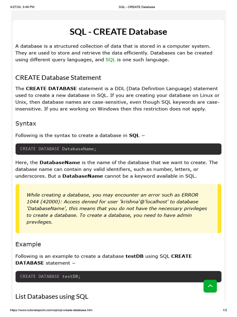 SQL - Create Database | PDF | Databases | Sql SQL - Create Database | PDF | Databases | Sql