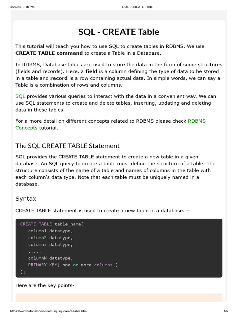 SQL - Create Table | PDF | Relational Database | Table (Database)