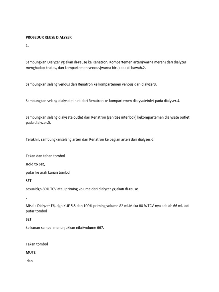 Prosedur Reuse Dialyzer TCV | PDF