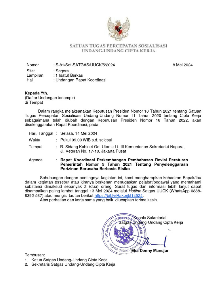 S-81 Undangan KL - Rakor JKT Revisi PP 5.2021 | PDF | Bisnis