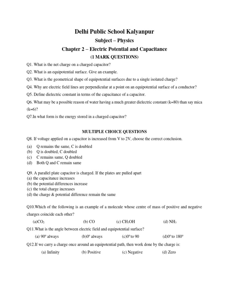 Class 12 Electric Potential and Capacitance Worksheet | PDF | Capacitor ...