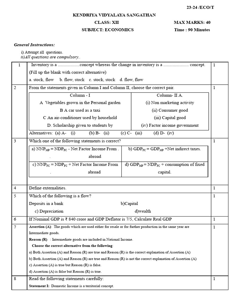 Class 12 Ut-1 Question Paper Eco | PDF | Gross Domestic Product | Income