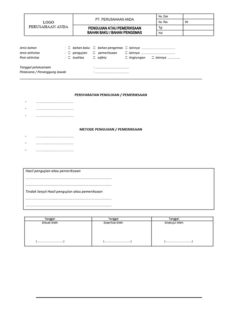 Form 14 Pengujian Pemeriksaan Bahan Baku Pengemas | PDF | Karier ...
