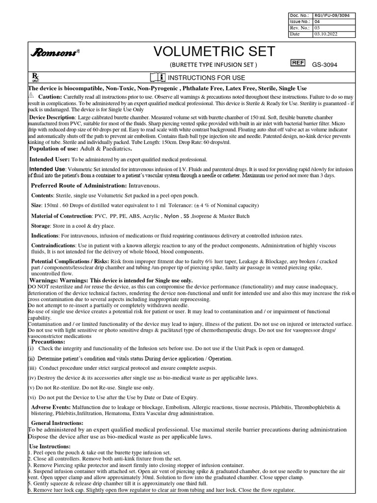 15.0 IFU- Volumetric set | Download Free PDF | Intravenous Therapy ...