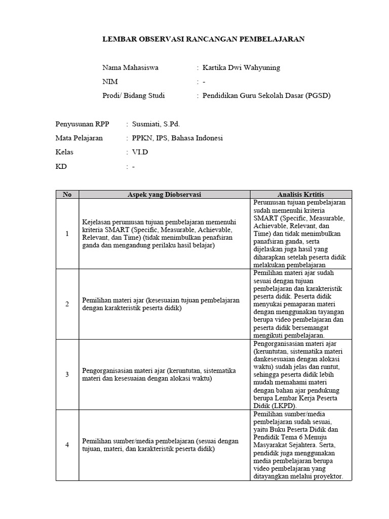Asistensi Mengajar 1 - Lembar Observasi Rancangan Pembelajaran | PDF