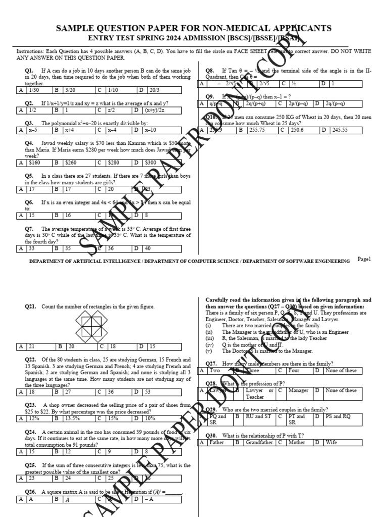 BSCS Entry Test Sample Paper 2024 | PDF