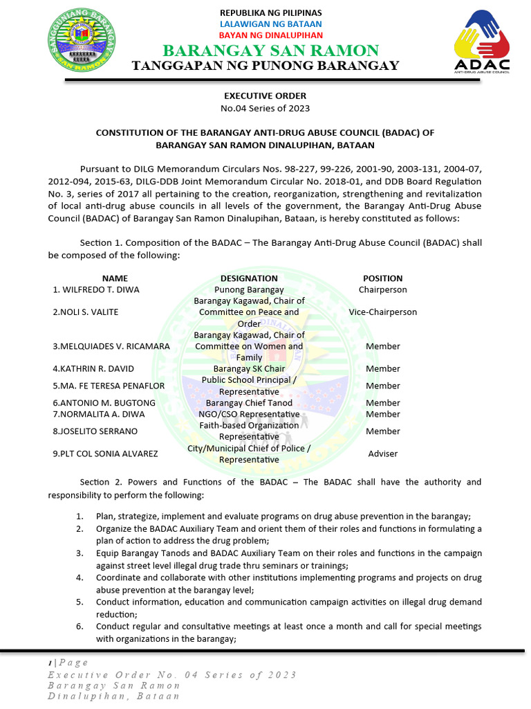 E.O.#04 CONSTITUTION OF THE BARANGAY ANTI-DRUG ABUSE COUNCIL (BADAC ...