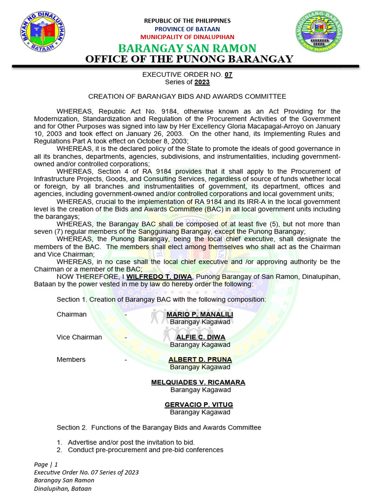 E.o.#07 Creation of Barangay Bids and Awards Committee | PDF | Justice ...