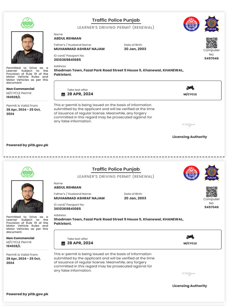 Abdul Rehman Learner Permit | PDF | Identity Document | Transport