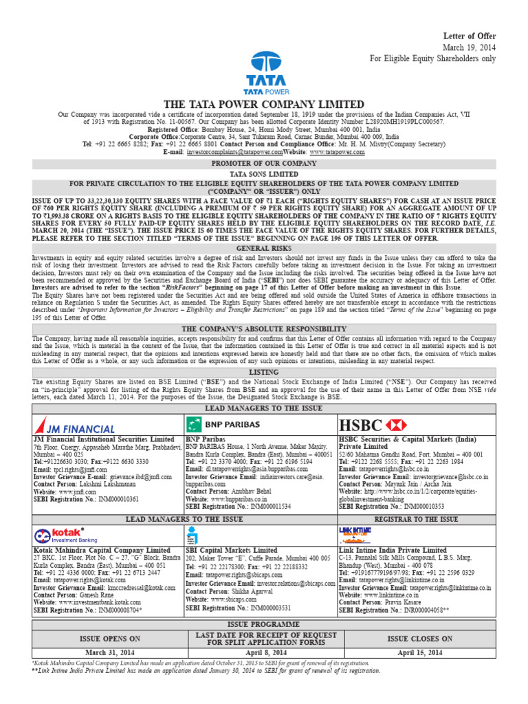 Tata Power Letter of Offer | Download Free PDF | Stocks | Securities ...