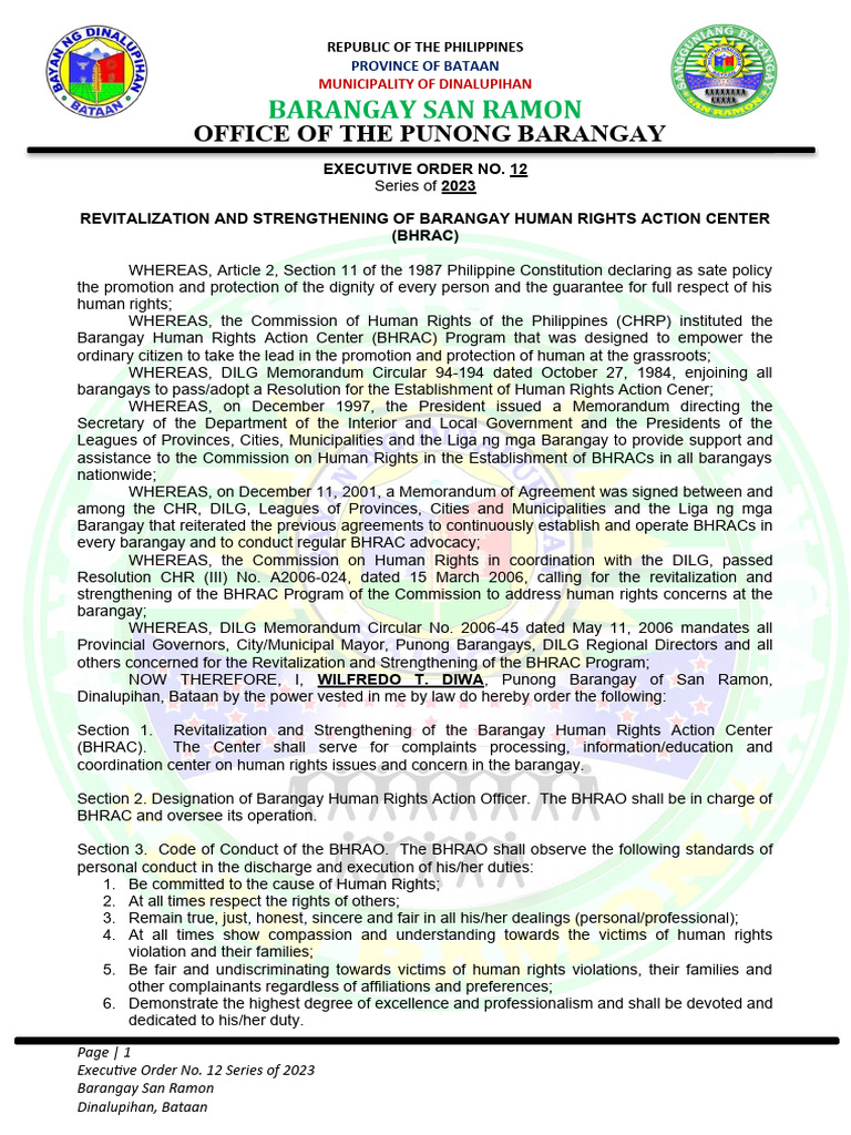 E.o.#12 Revitalization and Strengthening of Barangay Human Rights ...