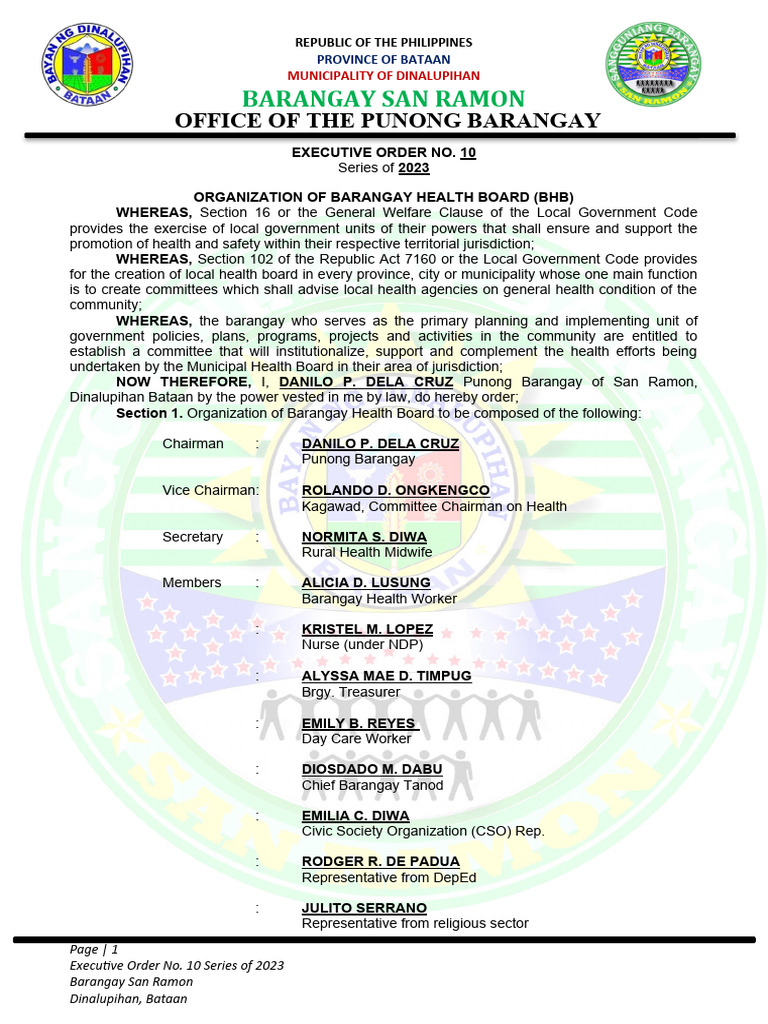 E.o.#10 Organization of Barangay Health Board (BHB) | PDF | Government