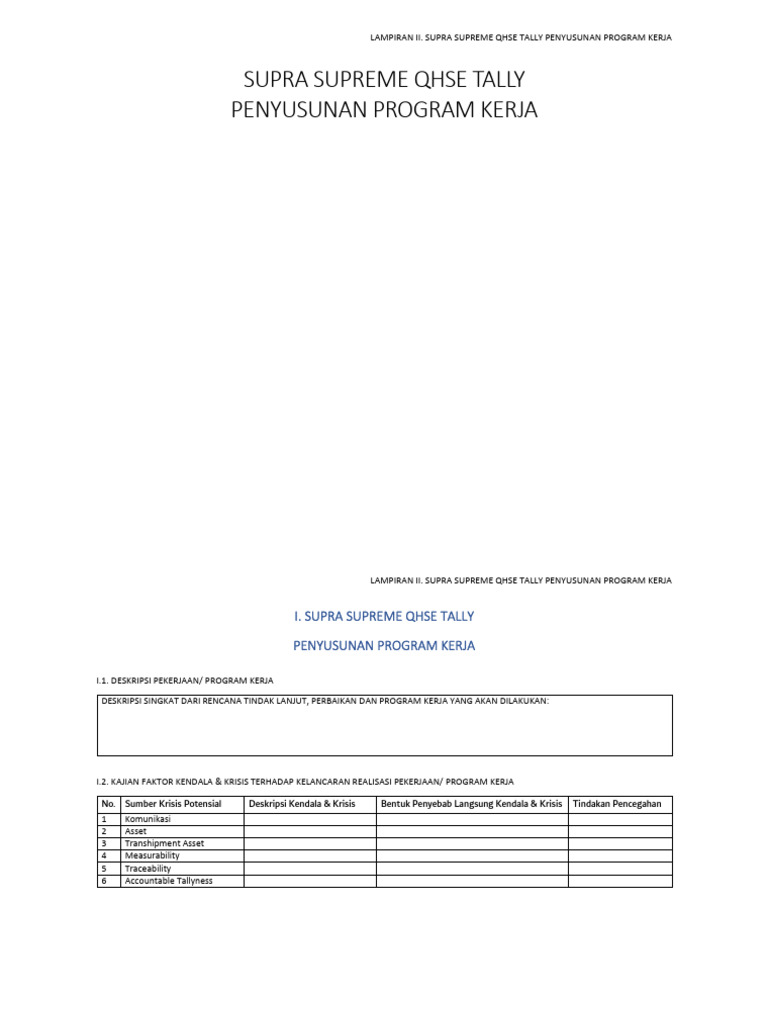 Lampiran Form-1. Supra Supreme Qhse Tally Penyusunan Program Kerja (Blanko) | PDF | Teknologi ...