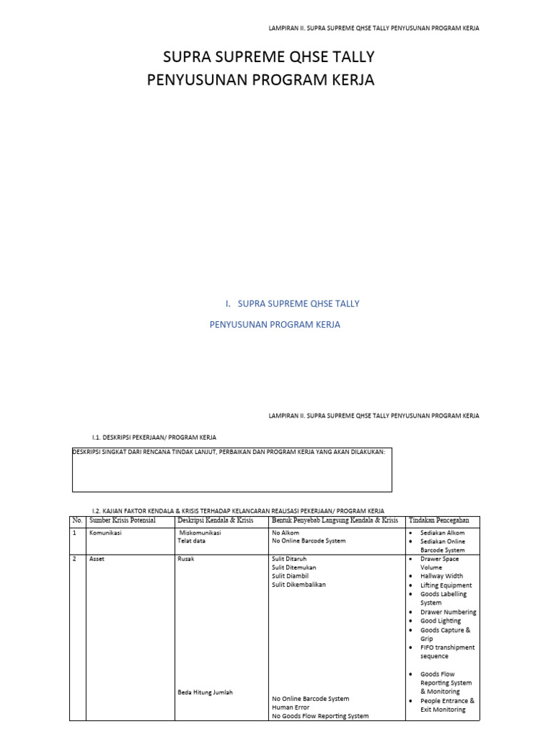 LAMPIRAN FORM-1. SUPRA SUPREME QHSE TALLY PENYUSUNAN PROGRAM KERJA (BLANKO) | PDF