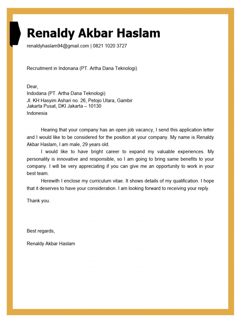 Surat Lamaran Kerja (Renaldy Akbar Haslam) - Indodana (PT. Artha Dana ...