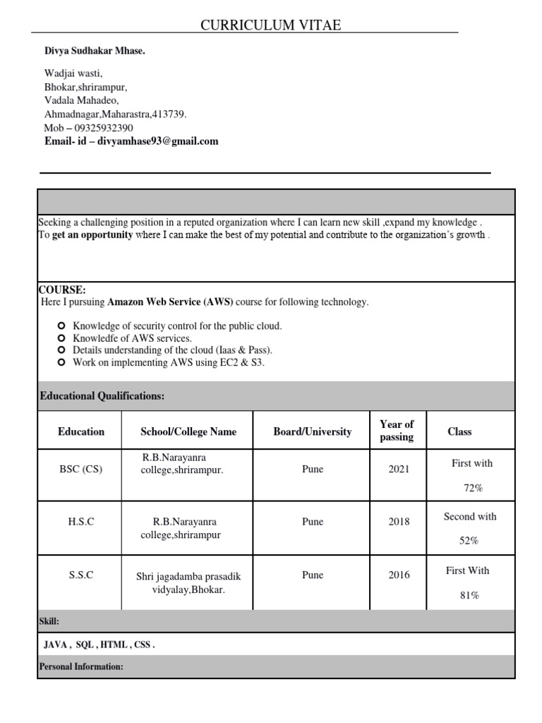 Divya Resume Pdf Amazon Web Services Learning