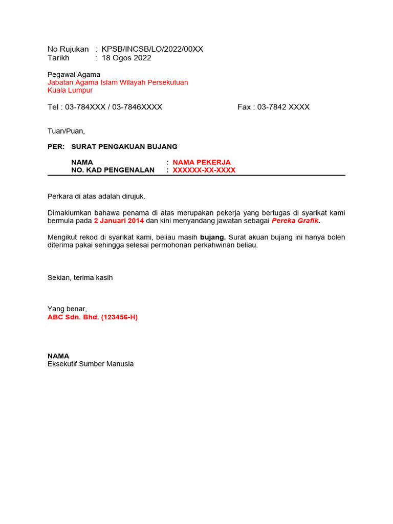 Surat Pengesahan Bujang | PDF