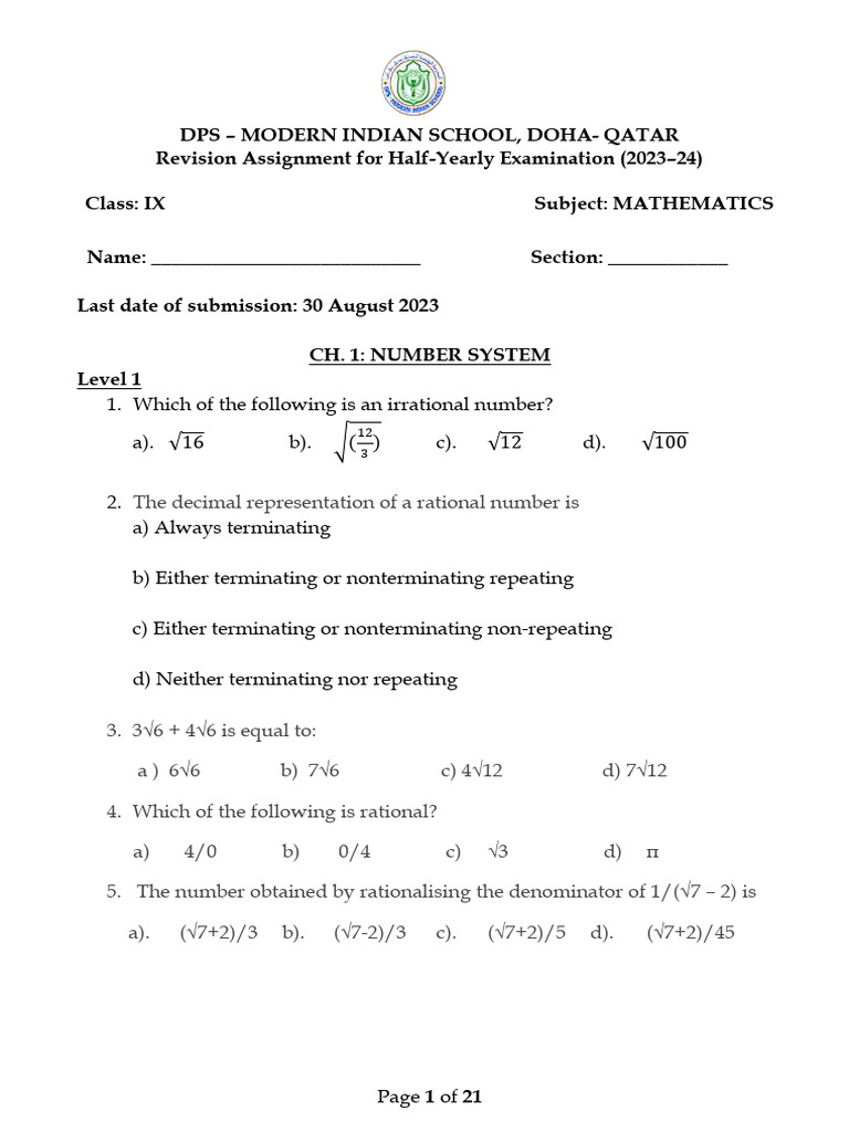 Class Ix-Half-Yearly Revision Assignment 2023-24 | PDF | Cartesian ...