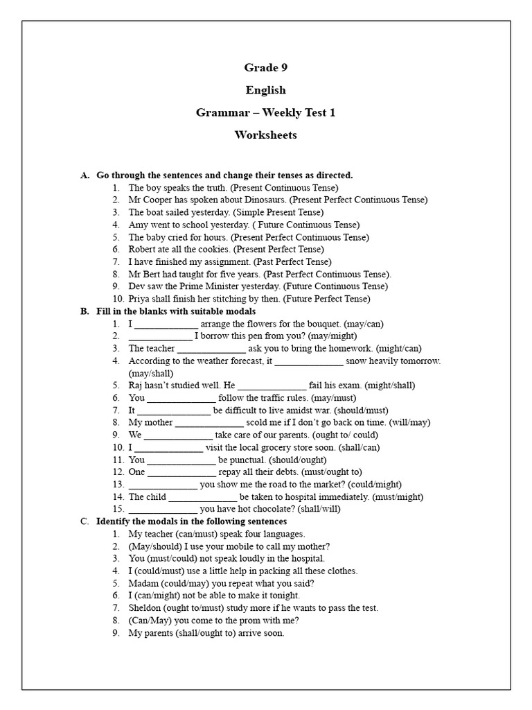 Grade 9 English Grammar Test Worksheets | PDF | Linguistics | Grammar